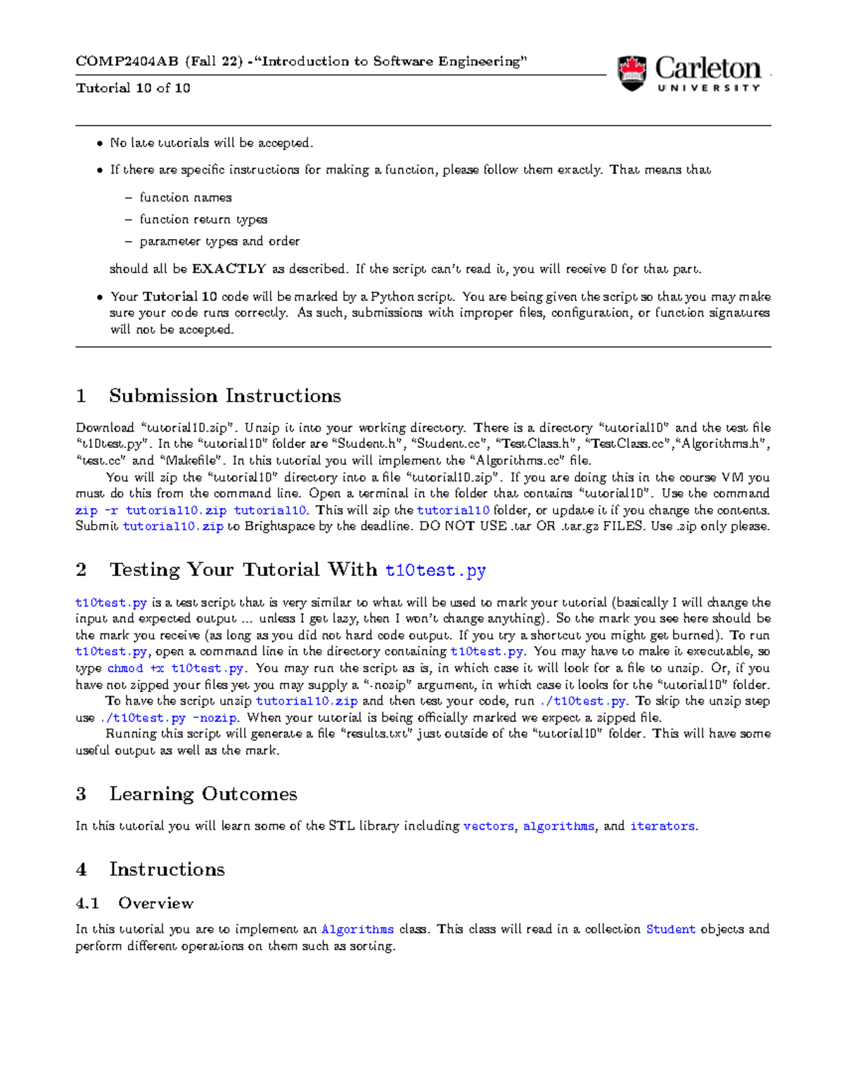 Tutorial 10 - tut10 - COMP2404AB (Fall 22) -“Introduction to Software Engineering” Tutorial 10 ...