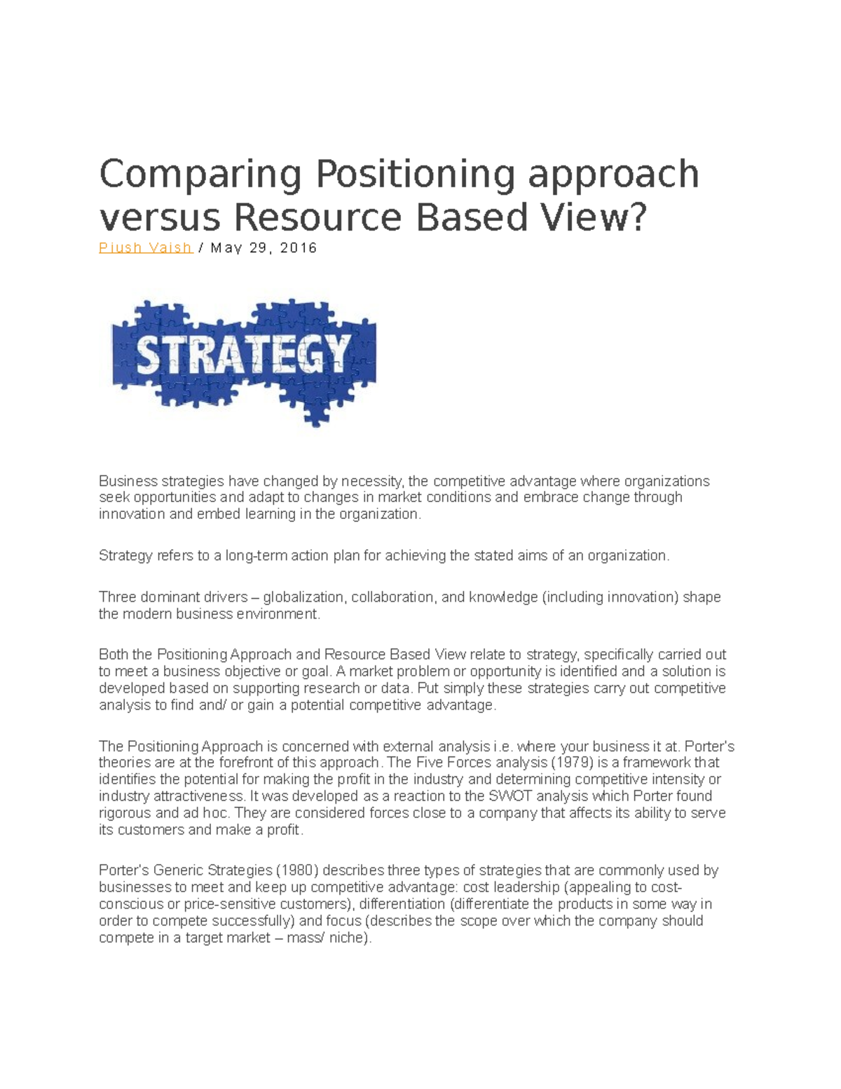 Comparing Positioning approach versus Resource Based View - Strategy ...