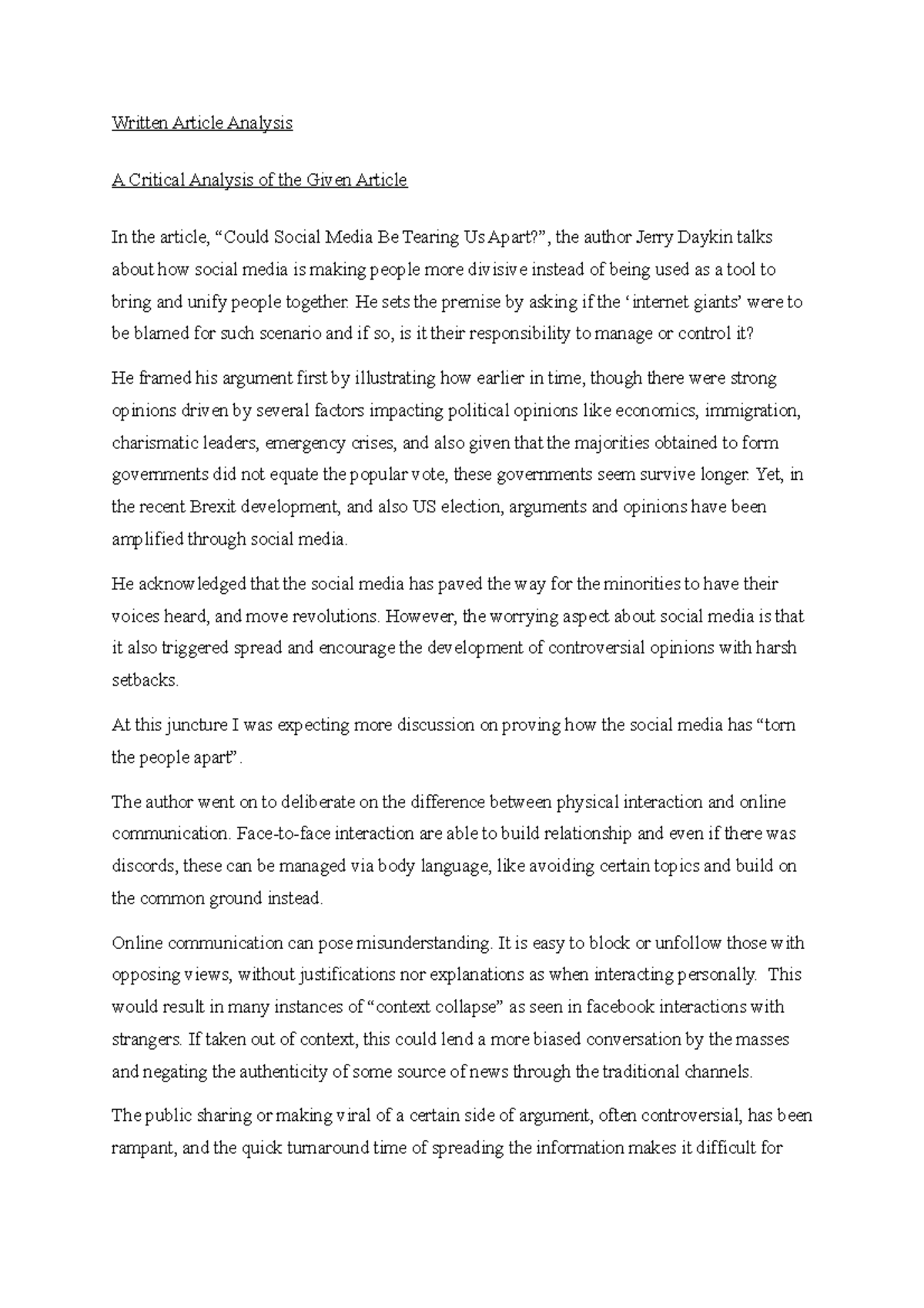 English FOR Critical Academic Reading (ELC 501) - Written Article ...