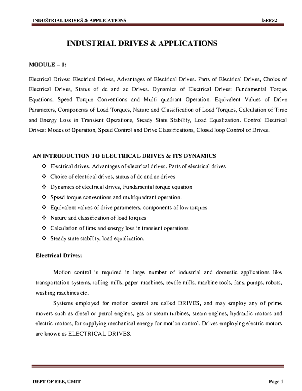 Industrial Drives Control Module-1 - INDUSTRIAL DRIVES & APPLICATIONS MODULE – 1: Electrical ...