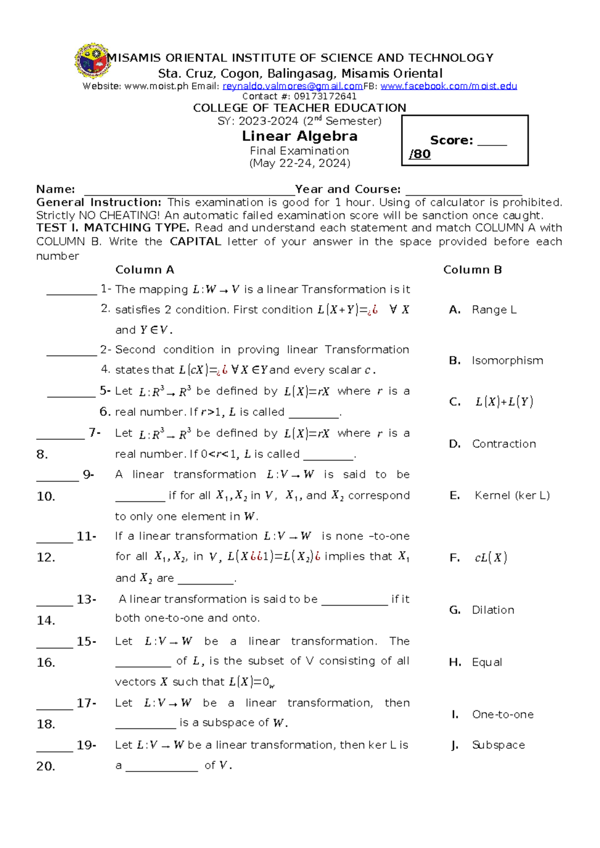 Linear Algebra semi final 23-24 - MISAMIS ORIENTAL INSTITUTE OF SCIENCE ...