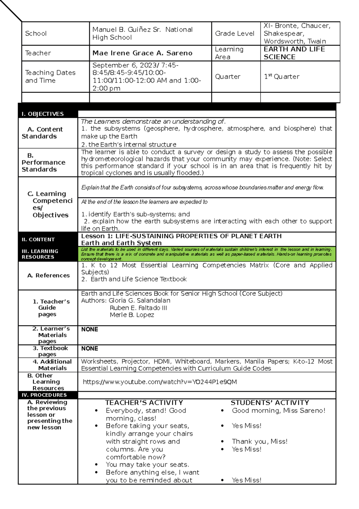Lesson Plan Earth Science 1 - School Manuel B. Guiñez Sr. National High ...