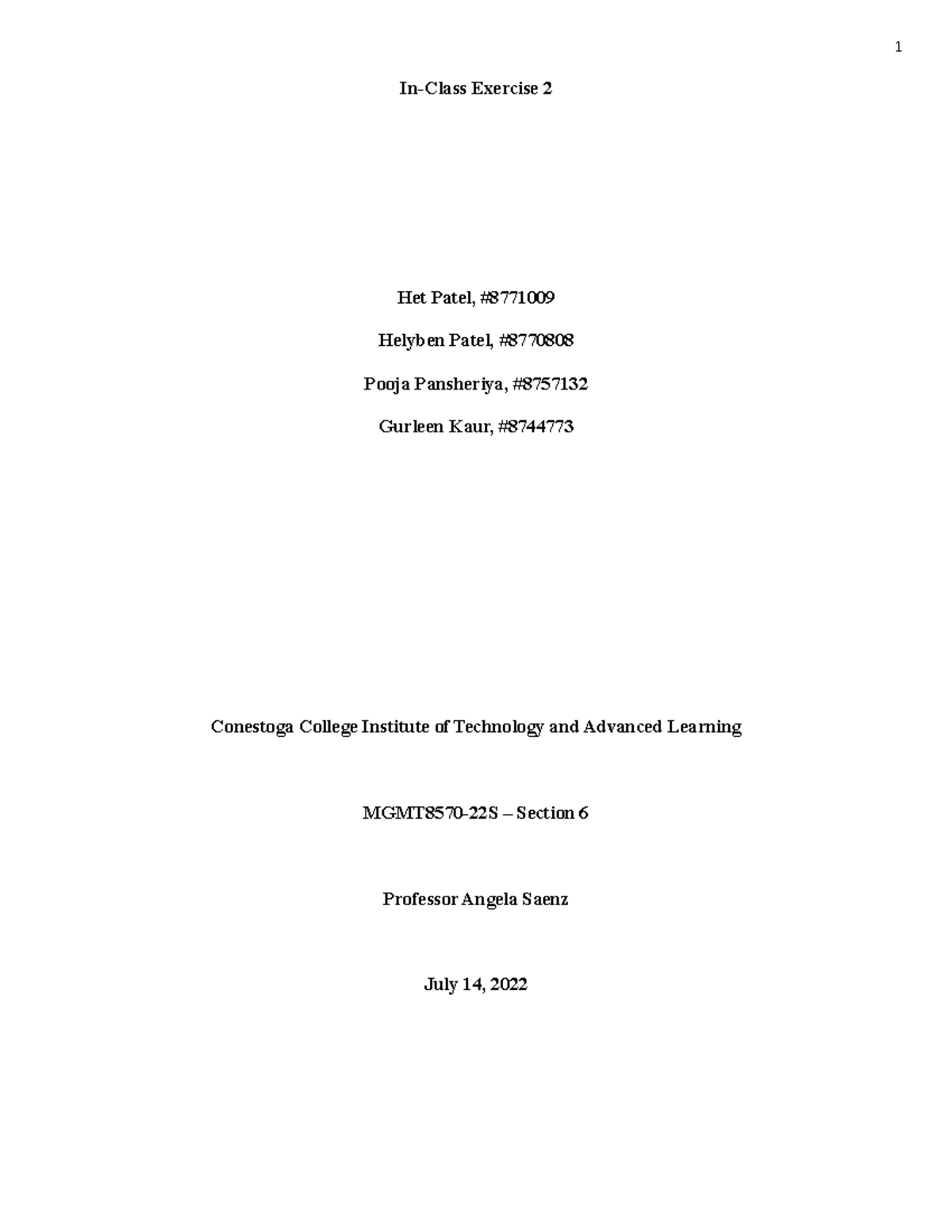 Written Assignment 2 Management Group 4 - Conestoga College Institute ...