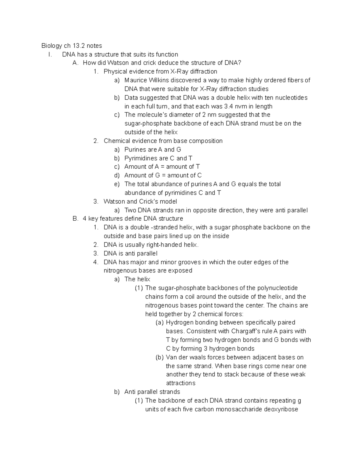 Bio Ch 13 notes - Professor McGreevy - Biology ch 13 notes I. DNA has a ...