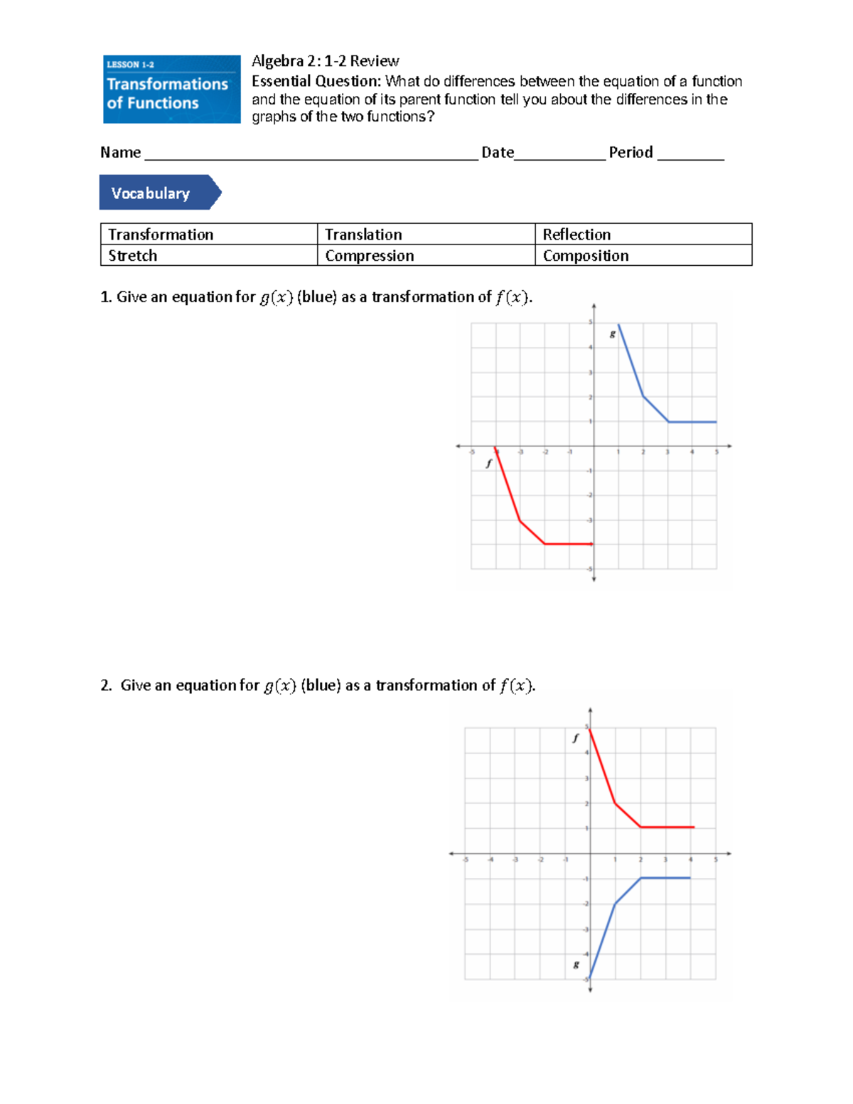 1-2 Review - jhvjhvjhvhjvjv - Algebra 2: 1-2 Review Essential Question ...