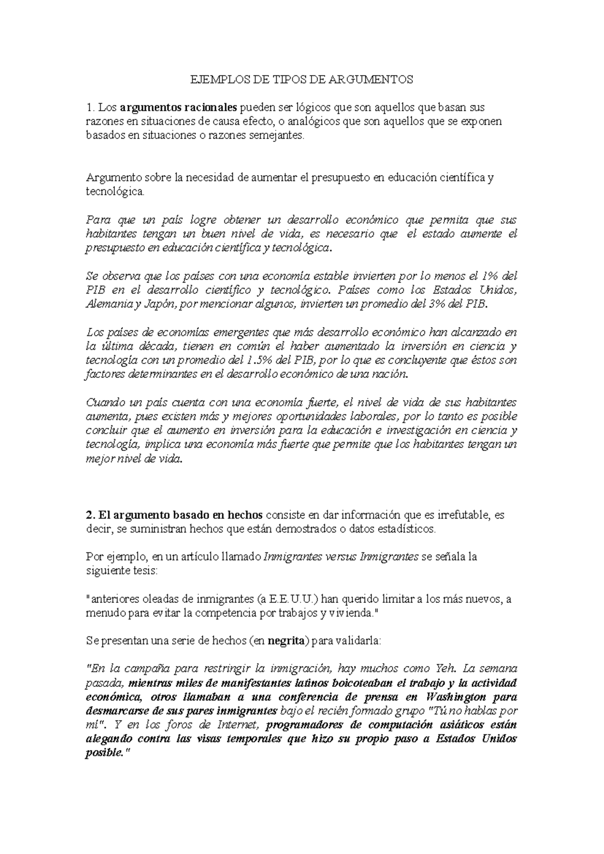 Ejemplos de argumentos 2 - EJEMPLOS DE TIPOS DE ARGUMENTOS Los ...