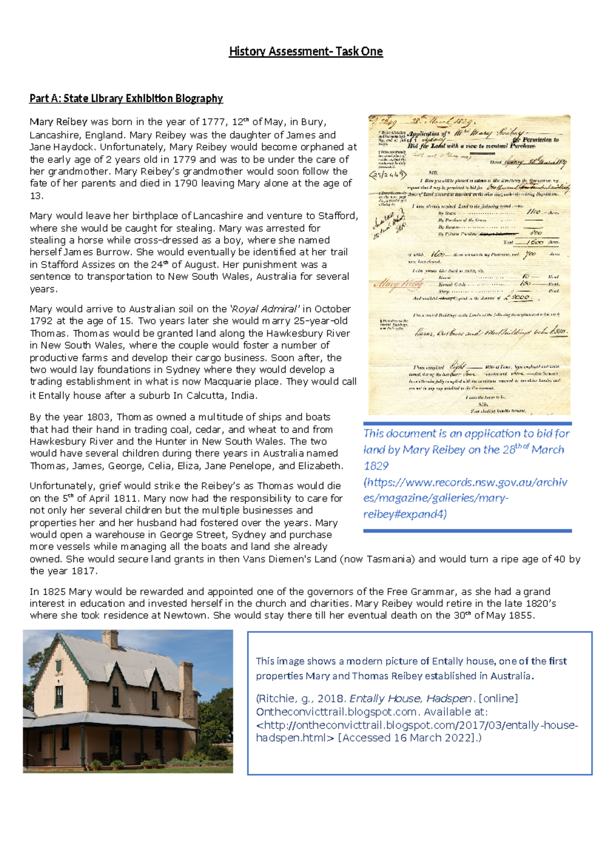 History assesemnt- Mary Reibey - History Assessment- Task One Part A ...