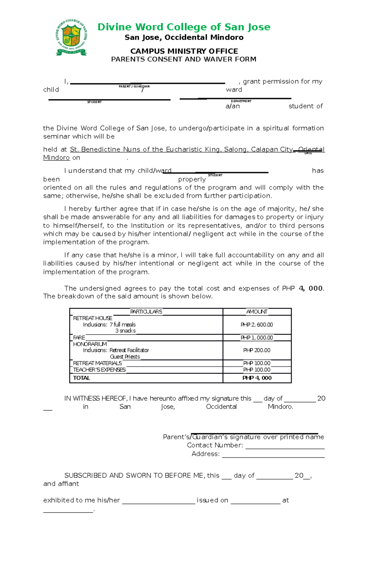 Parents Consent AND Waiver FORM (College) - Divine Word College of San ...