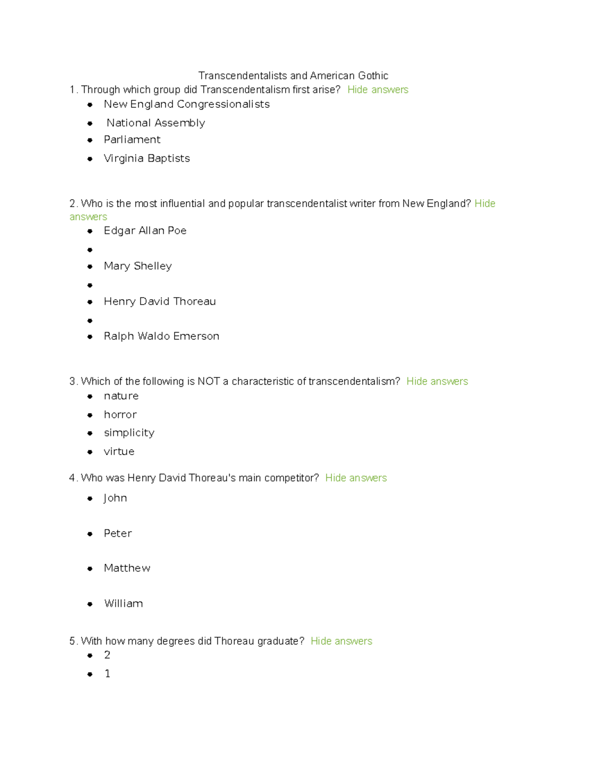 Transcendentalists and American Gothic-QUIZ coursehero ...