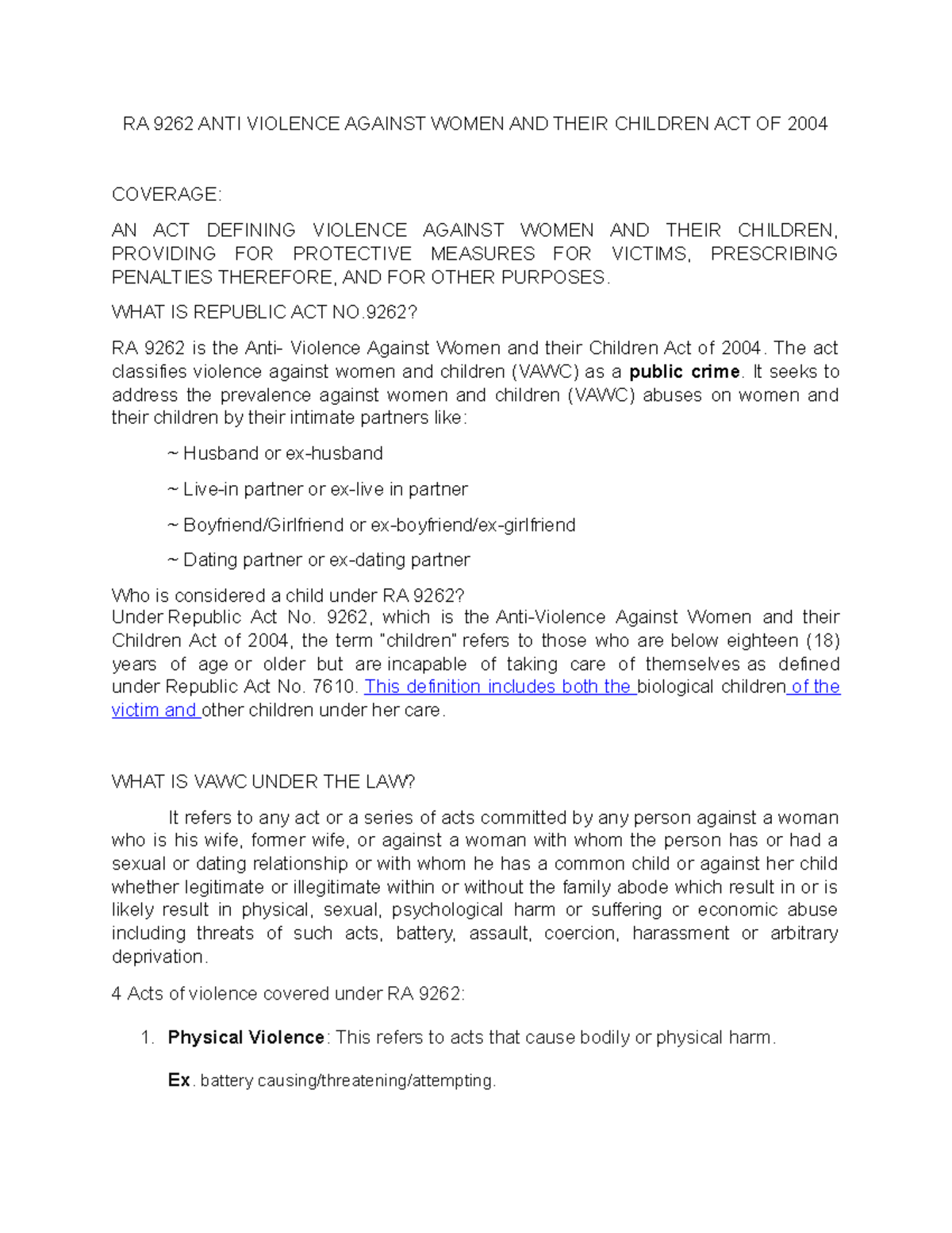 TTP report outline - RA 9262 ANTI VIOLENCE AGAINST WOMEN AND THEIR ...