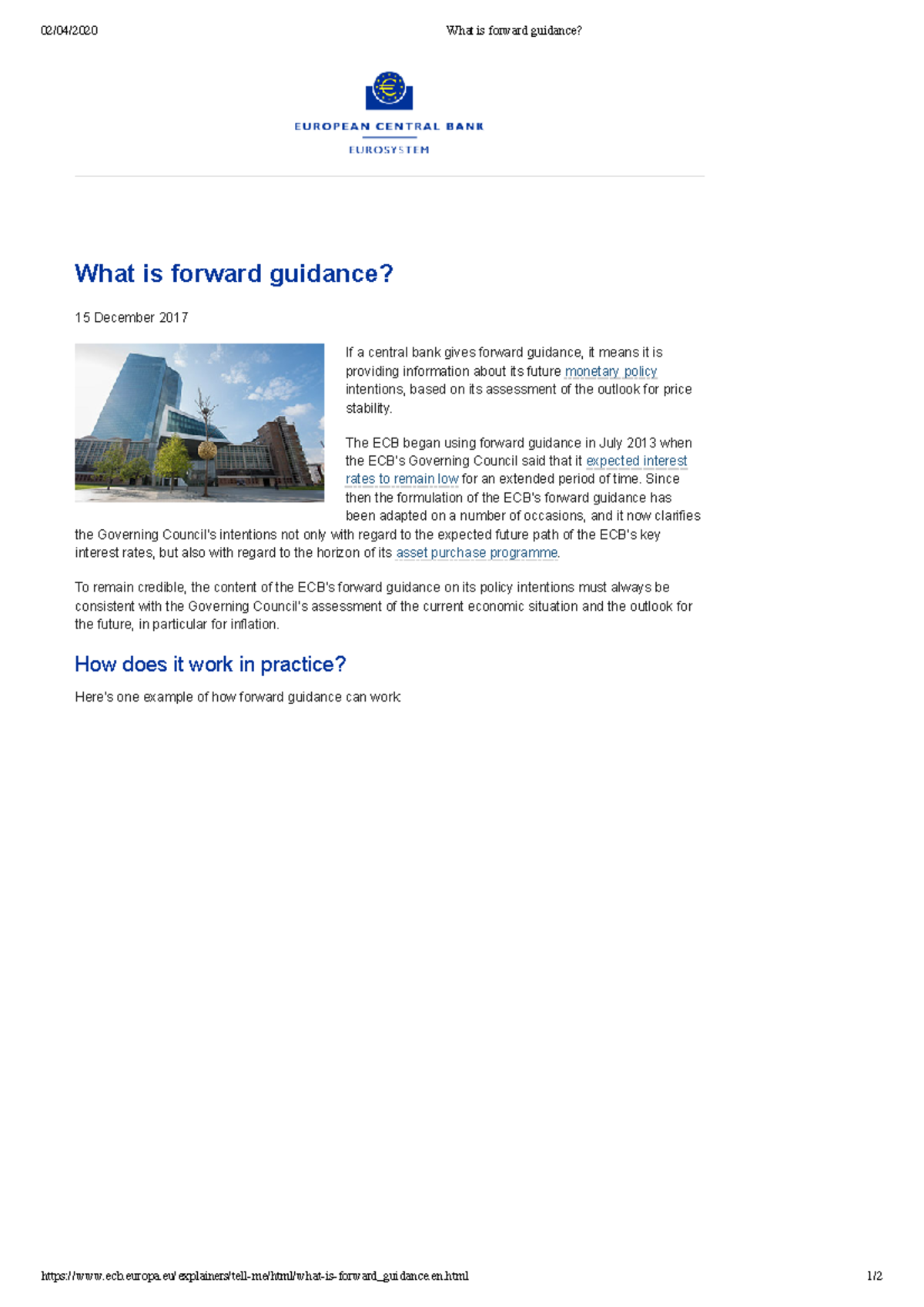 ECB What is forward guidance - 02/04/2020 What is forward guidance ...