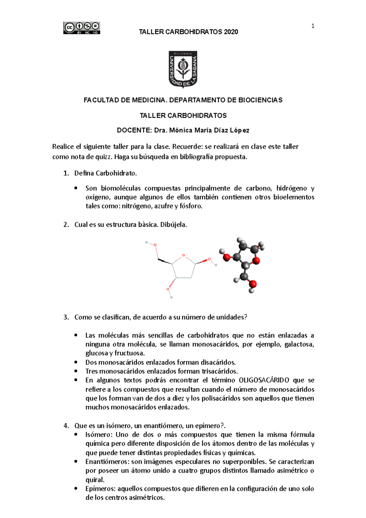 GUIA Clase DE Carbohidratos - TALLER CARBOHIDRATOS 2020 FACULTAD DE ...