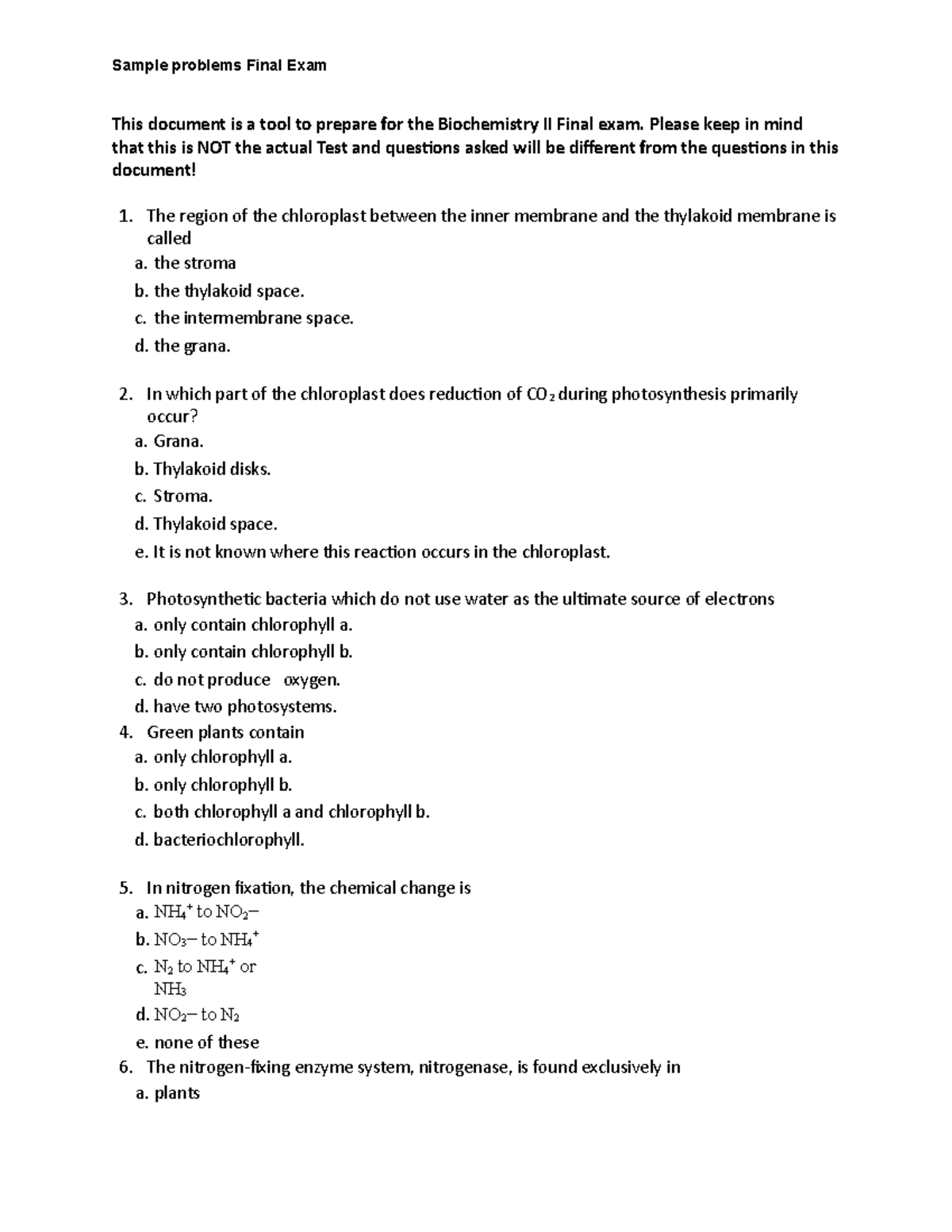 Biochem Sample problems Final Test - Sample problems Final Exam This ...