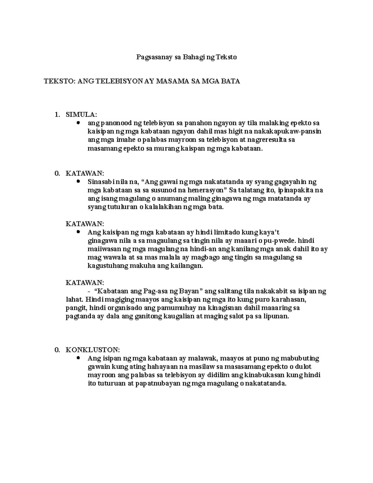bahagi ng teksto - Pagsasanay sa Bahagi ng Teksto TEKSTO: ANG TELEBISYON AY MASAMA SA MGA BATA 1 ...