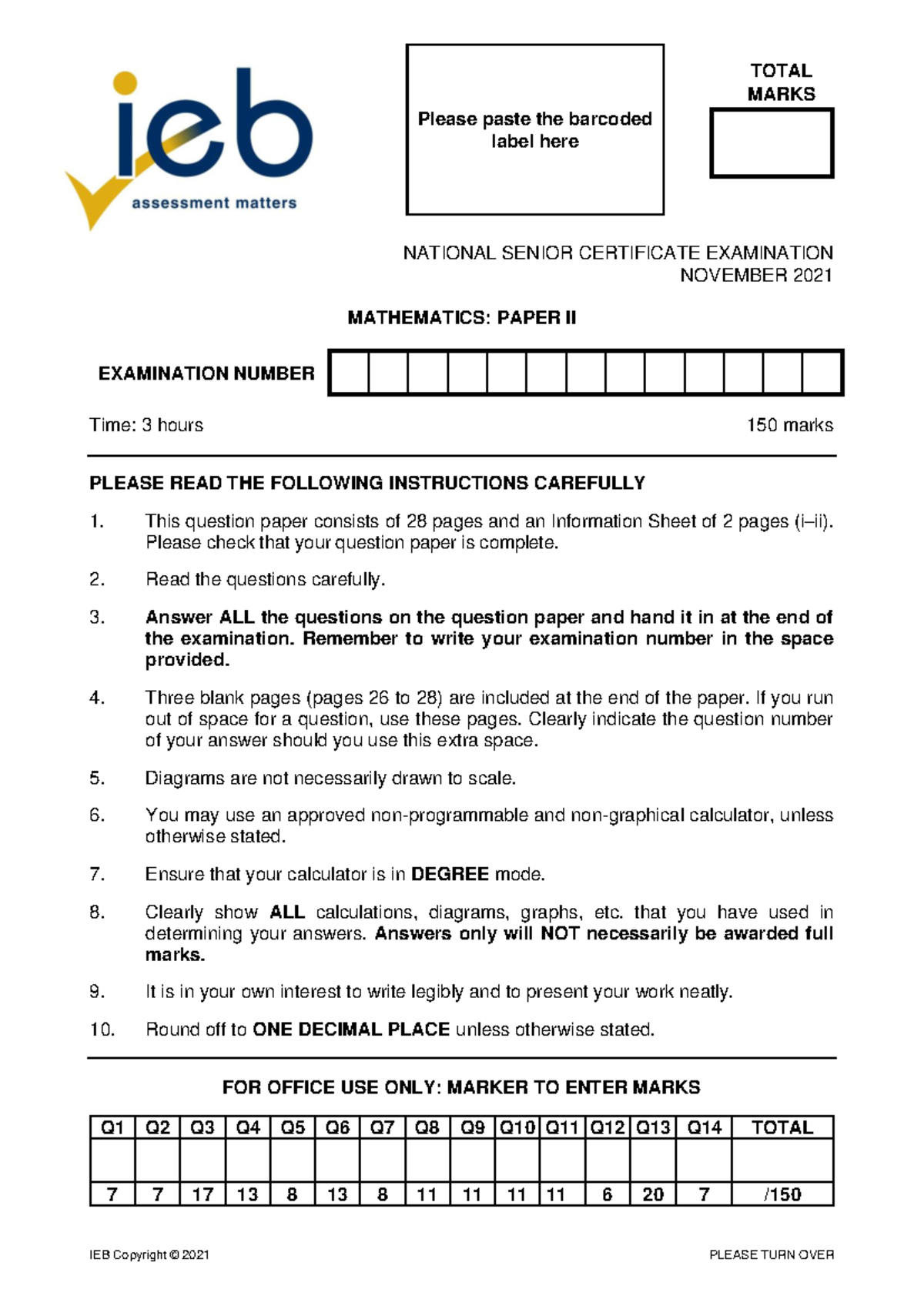 Mathematics P2 2021 - Past Paper for IEB - IEB Copyright © 2021 PLEASE TURN OVER NATIONAL SENIOR ...