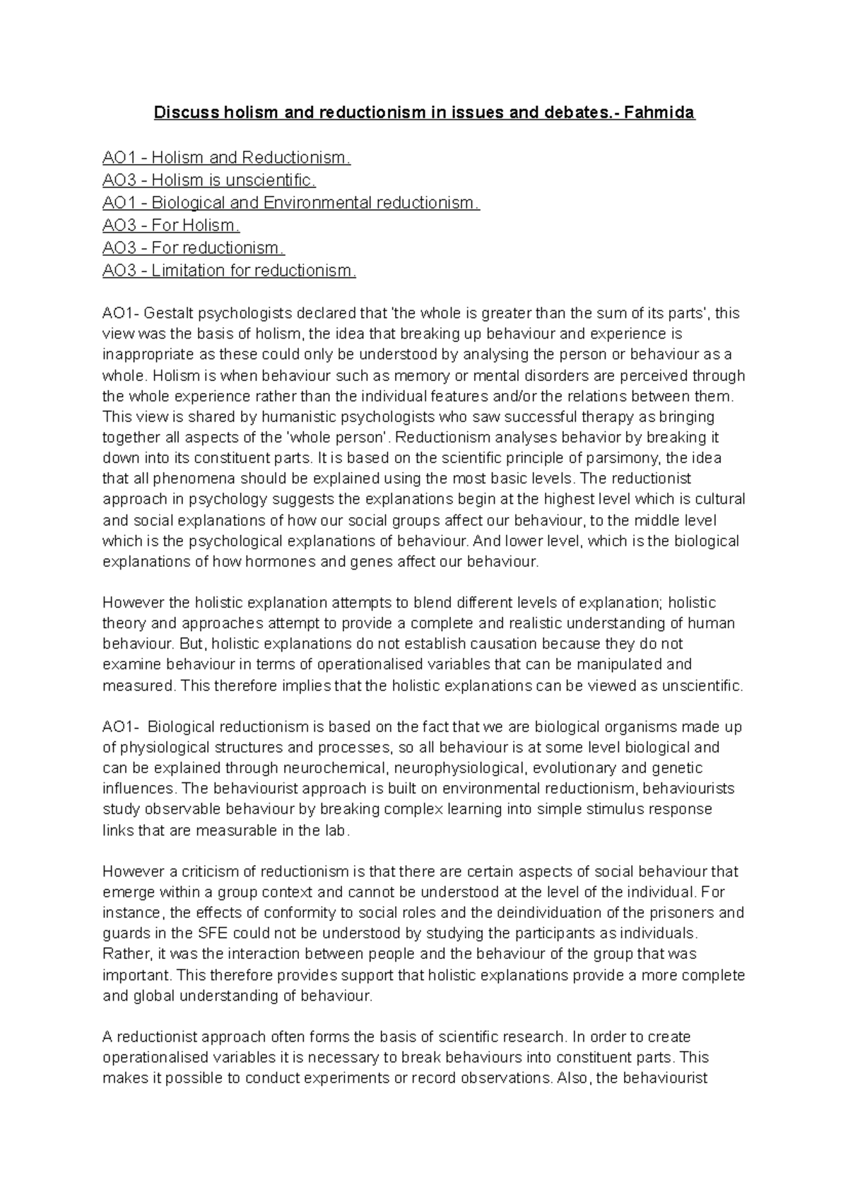 Discuss Holism and Reductionism Essay - Discuss holism and reductionism ...