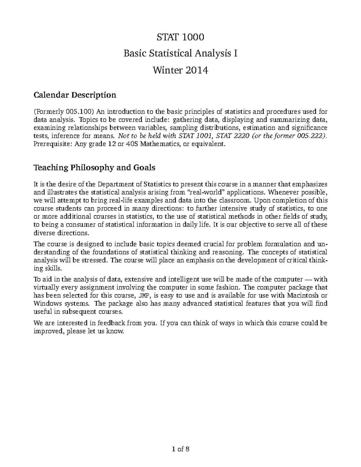 Statistic 1000 - outline - STAT 1000 Basic Statistical Analysis I ...