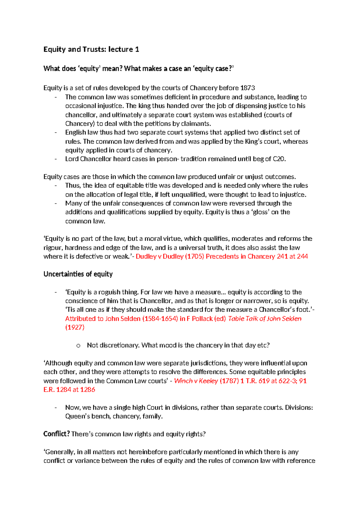 Trusts lecture notes - Equity and Trusts: lecture 1 What does ‘equity ...