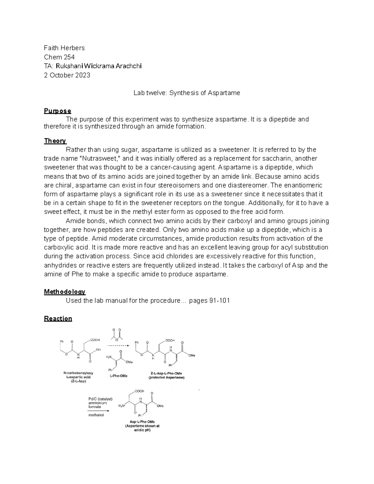 CHEM 254 Lab Report 12 - Faith Herbers Chem 254 TA: Rukshani Wickrama ...