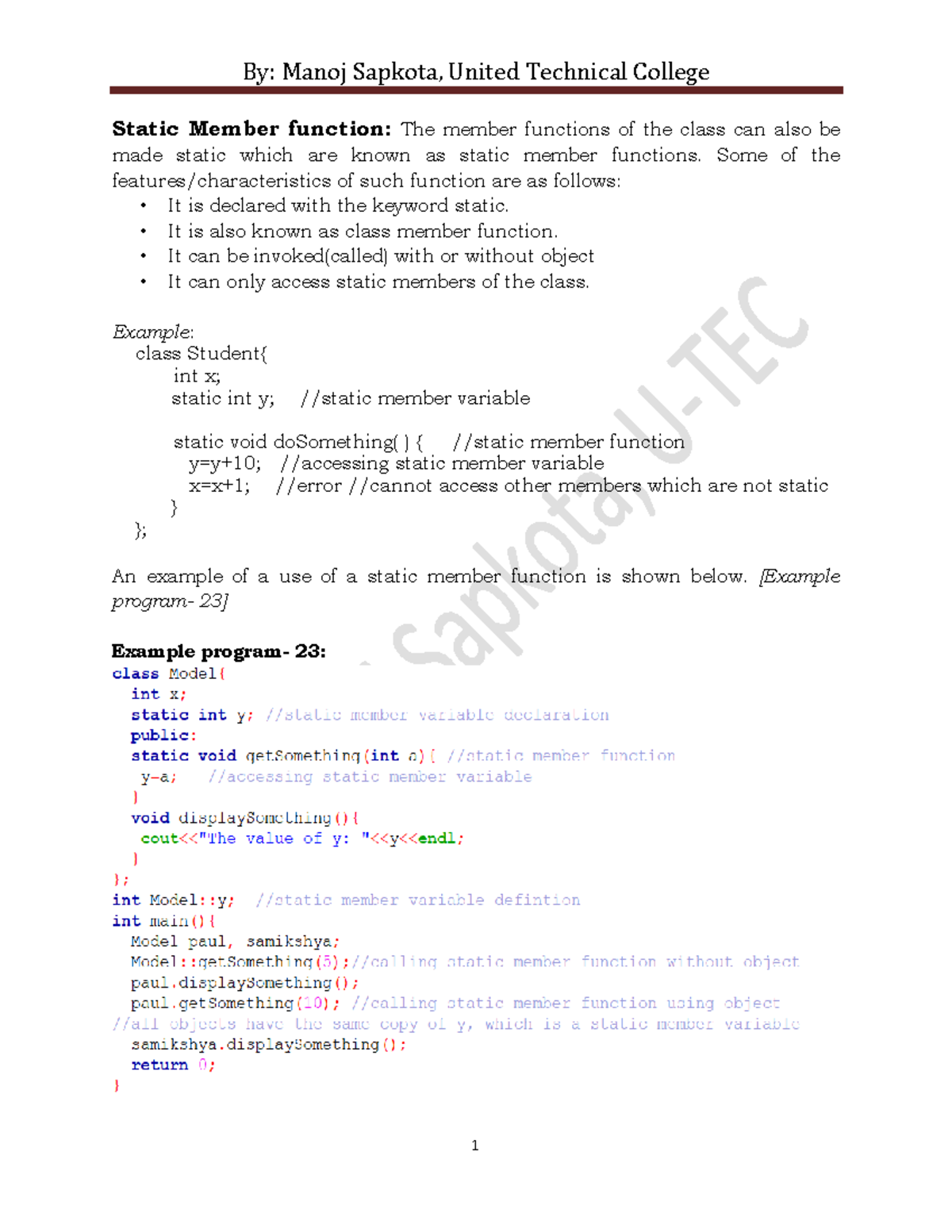 C Note Part2 - C++ programming - Static Member function: The member functions of the class can ...