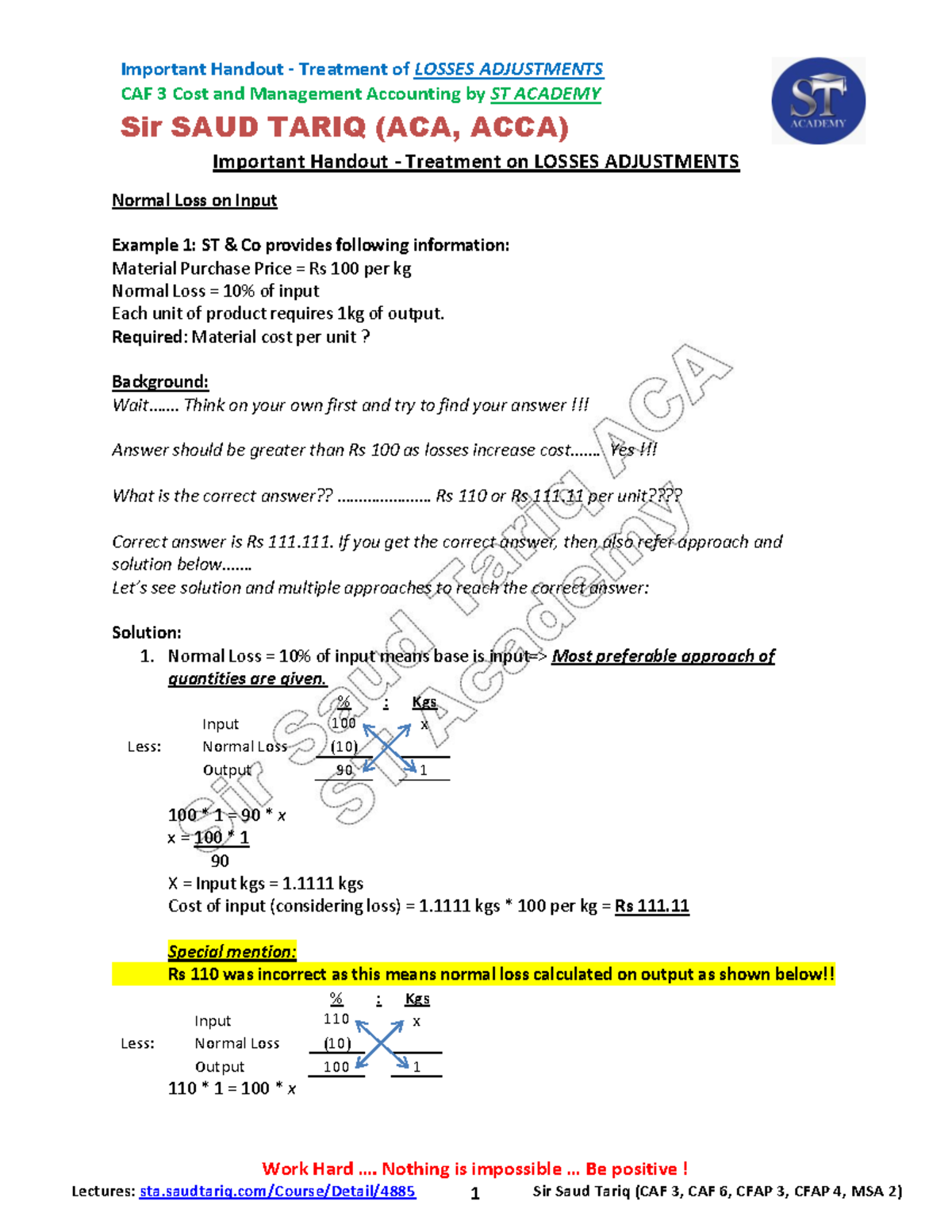 Important Handout-Treatment of Losses CAF 3 CMA by Saud Tariq ST ...