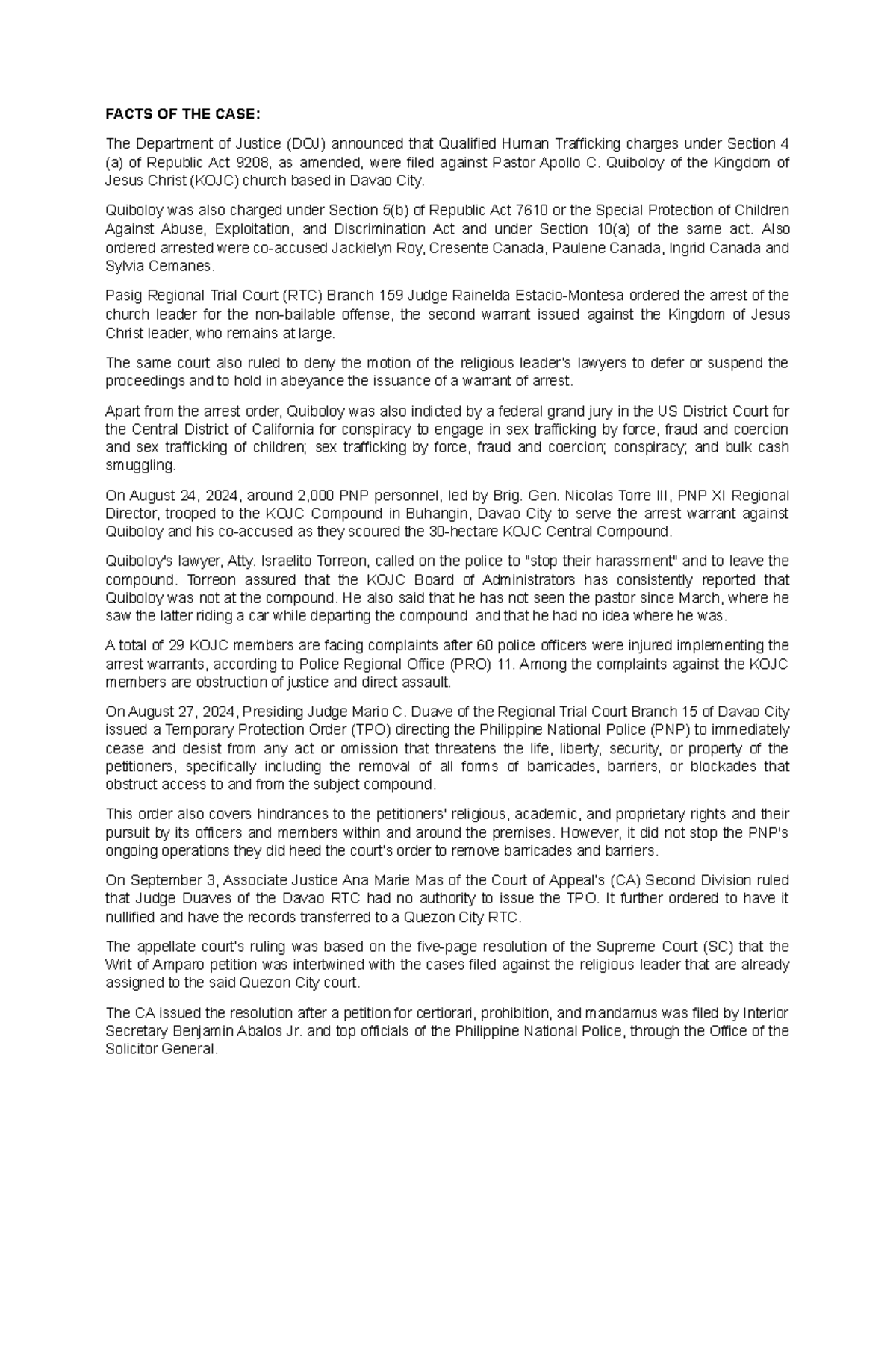 Facts OF THE CASE Quiboloy case - FACTS OF THE CASE: The Department of ...