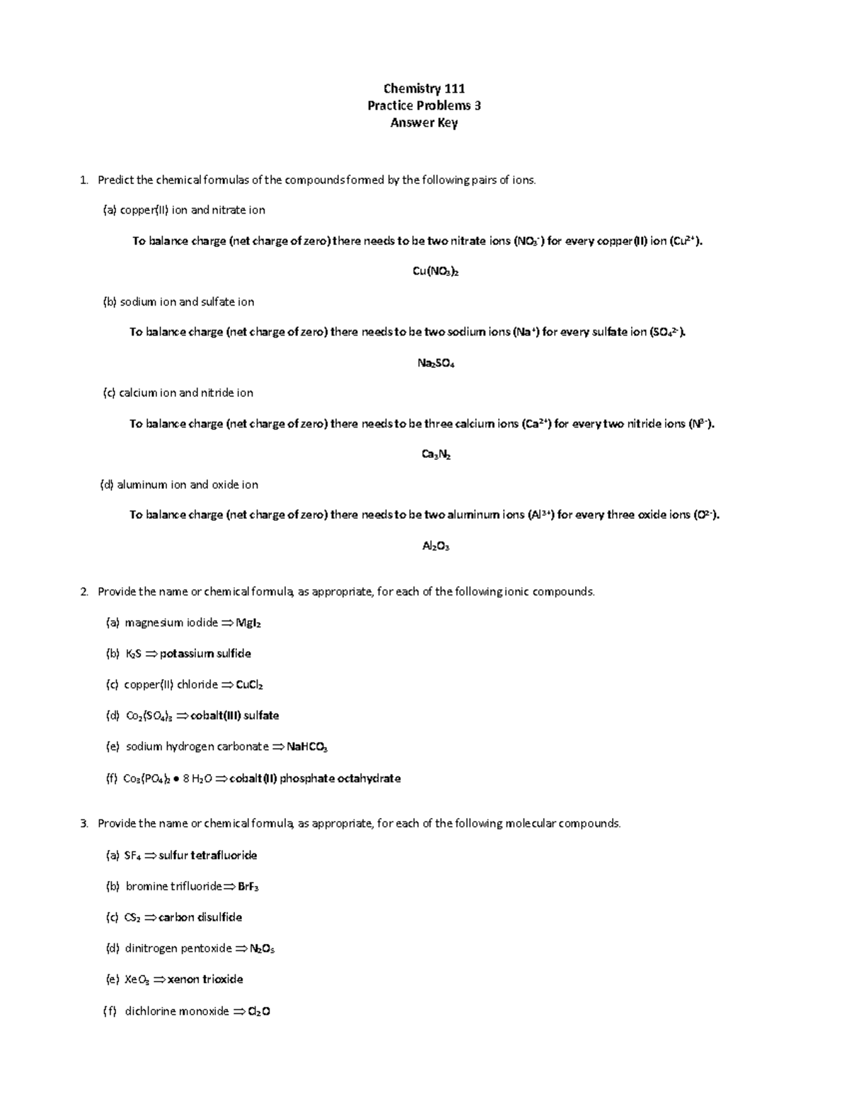 Practice Problems 1.3 Answer Key - Chemistry 111 Practice Problems 3 ...