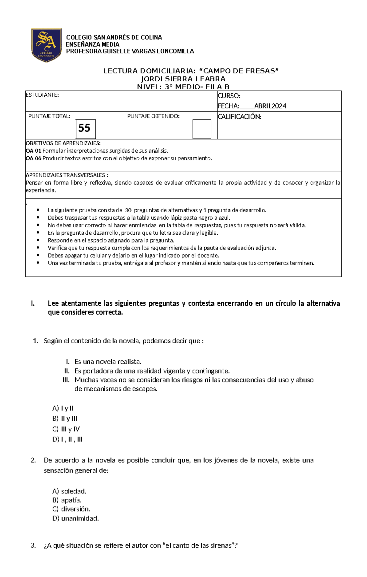 Prueba Campo de fresas- Fila B - COLEGIO SAN ANDRÉS DE COLINA ENSEÑANZA ...