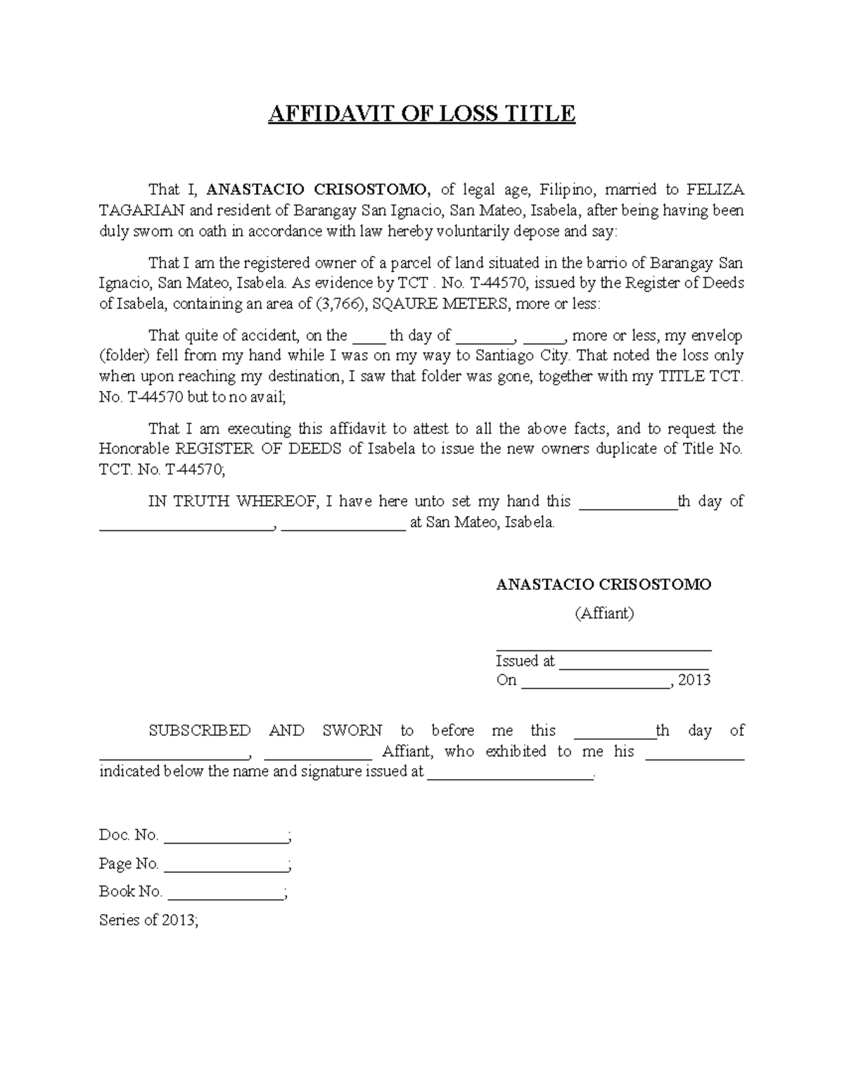 Affidavit of Loss Title - AFFIDAVIT OF LOSS TITLE That I, ANASTACIO ...