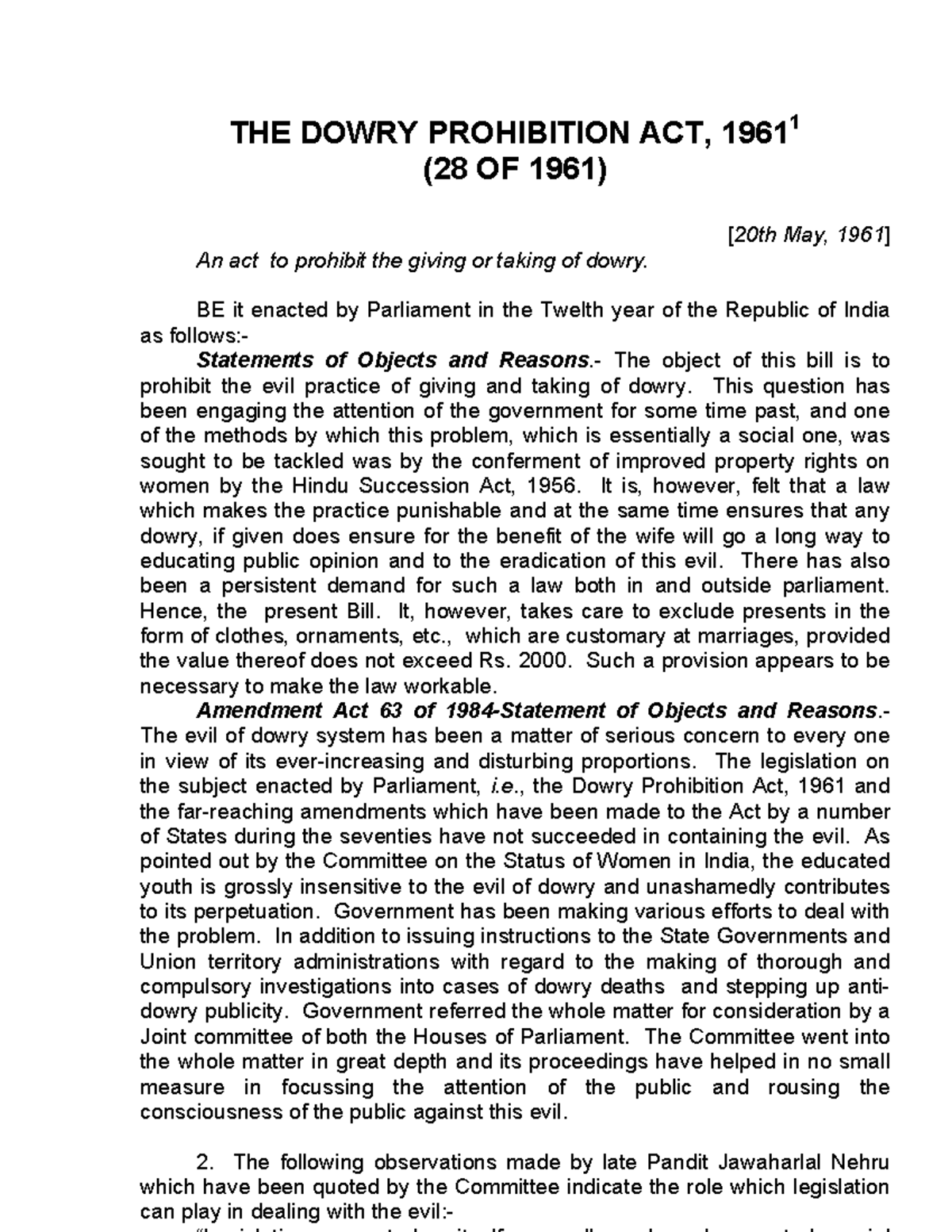 India dowry act 1961 - It's helpful - THE DOWRY PROHIBITION ACT, 1961 1 ...