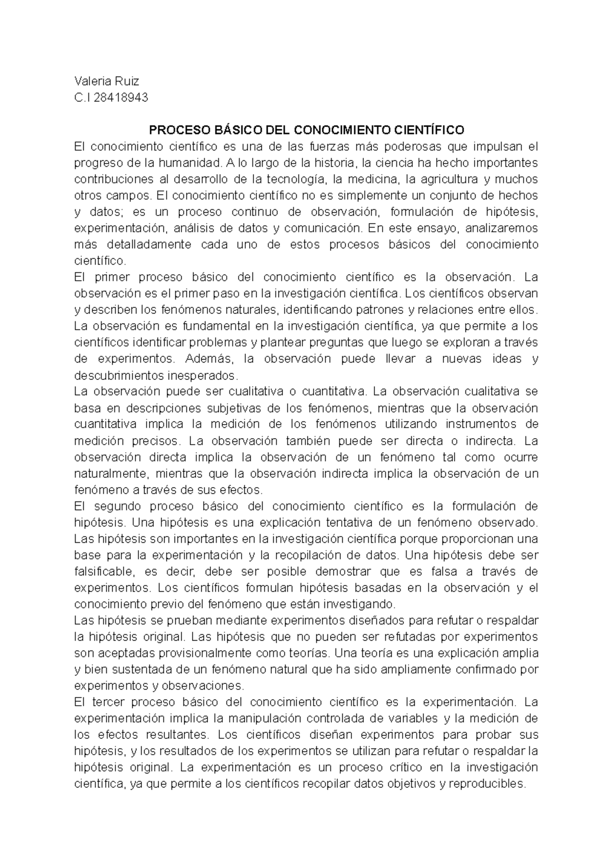 Proceso Básico DEL Conocimiento Científico - Valeria Ruiz - Valeria ...
