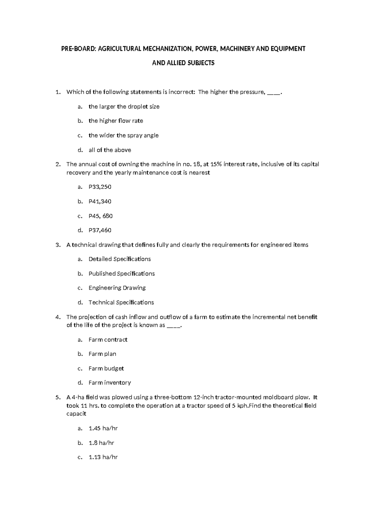 PRE- Board -Area1 - PRE-BOARD: AGRICULTURAL MECHANIZATION, POWER ...