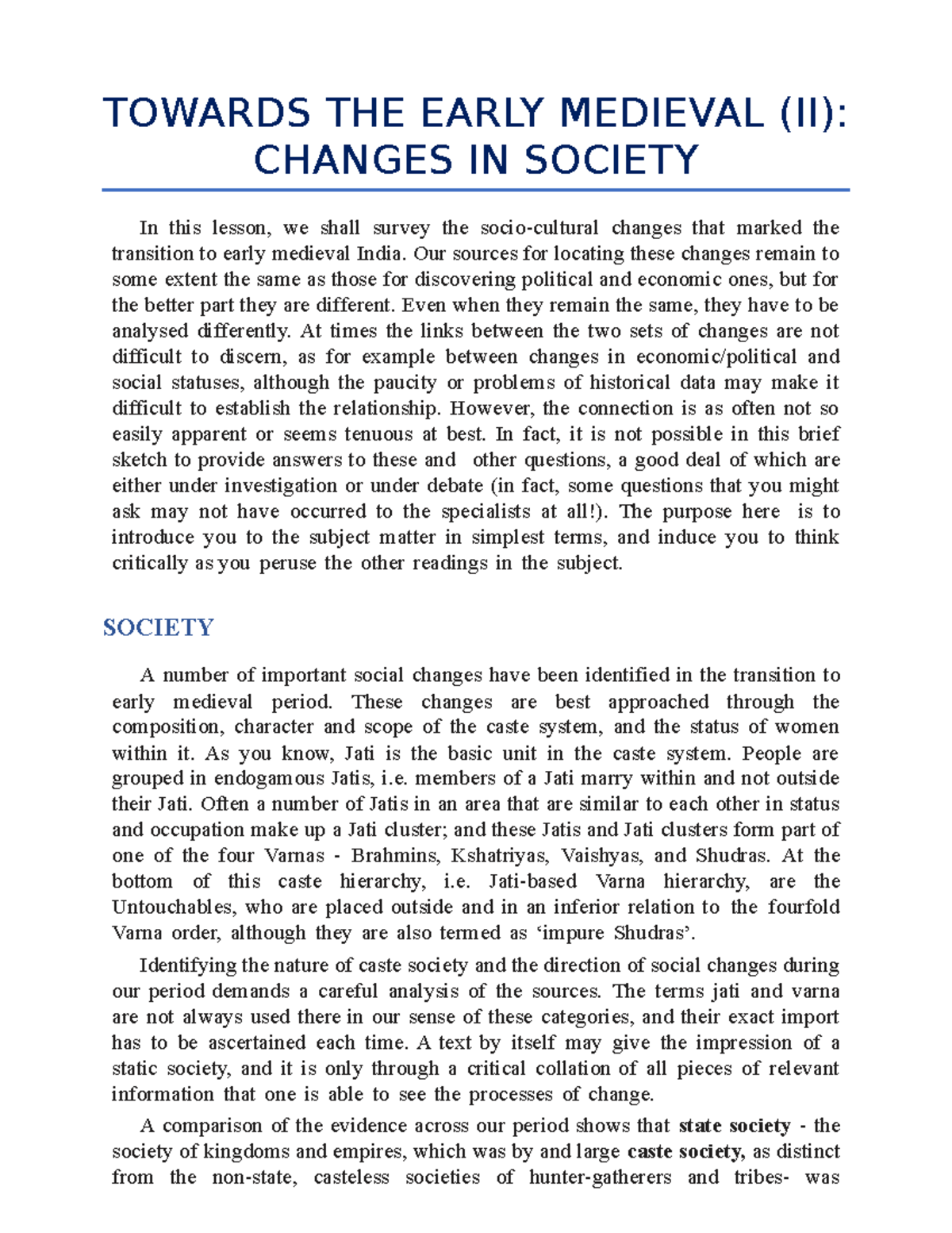 Towards THE Early Medieval (II) Changes IN Society - TOWARDS THE EARLY ...