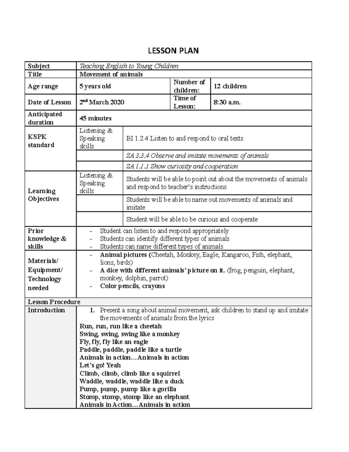 Lesson PLAN (intergrated) - LESSON PLAN Subject Teaching English to ...