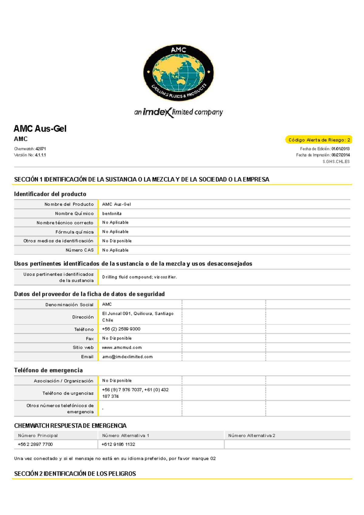 1. AMC MSDS AUS GEL - Hoja de datos de producto - AMC Código Alerta de ...