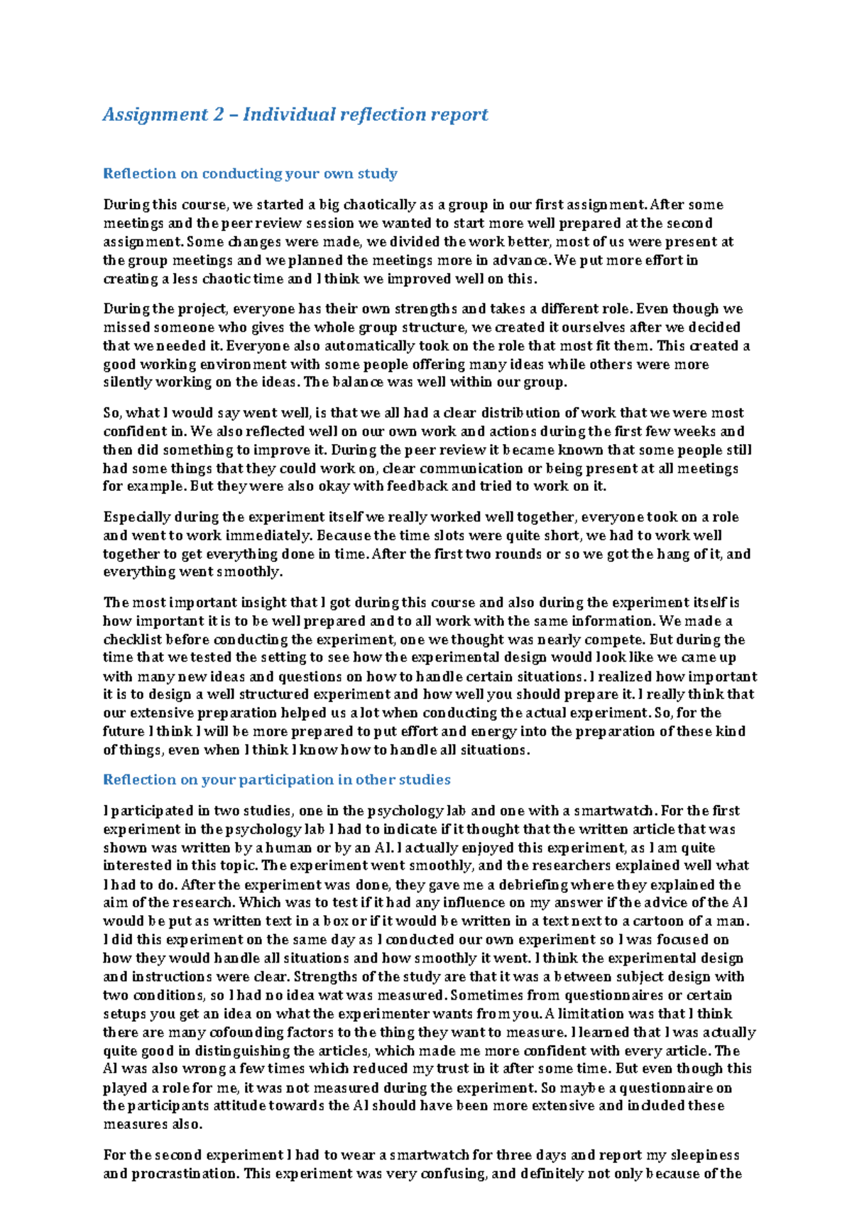 Individual reflection report - Assignment 2 – Individual reflection report Reflection on ...