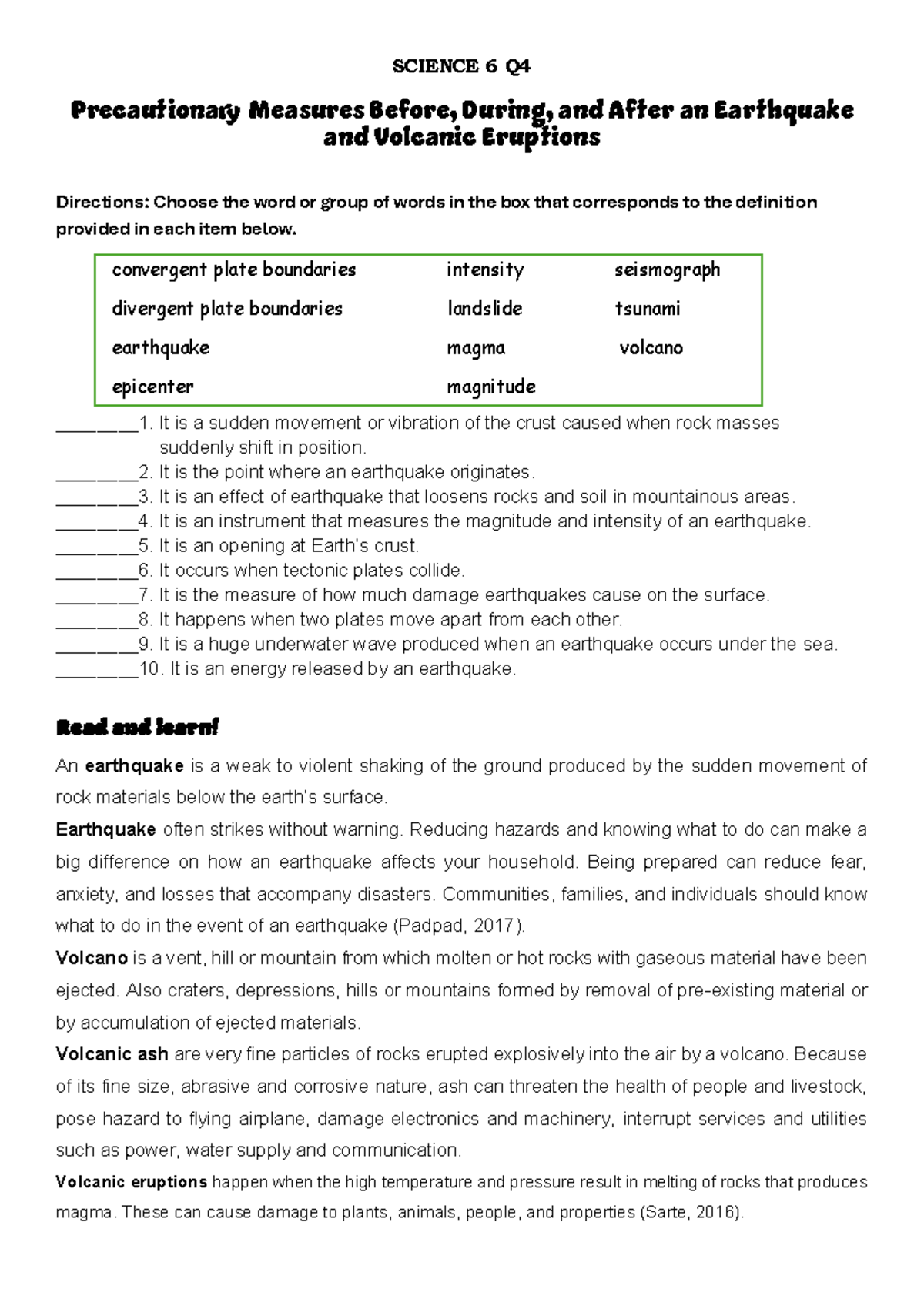 Science 6 Precautionary Measures Before During and After Earthquake ...