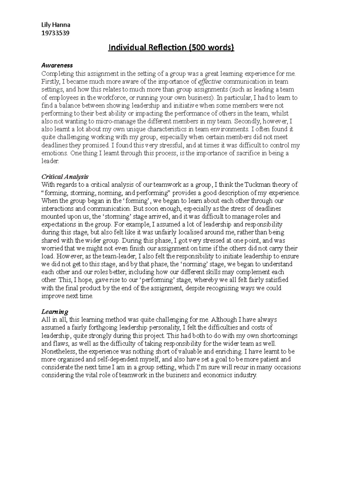 Individual Reflection 4 - Lily Hanna 19733539 Individual Reflection ...