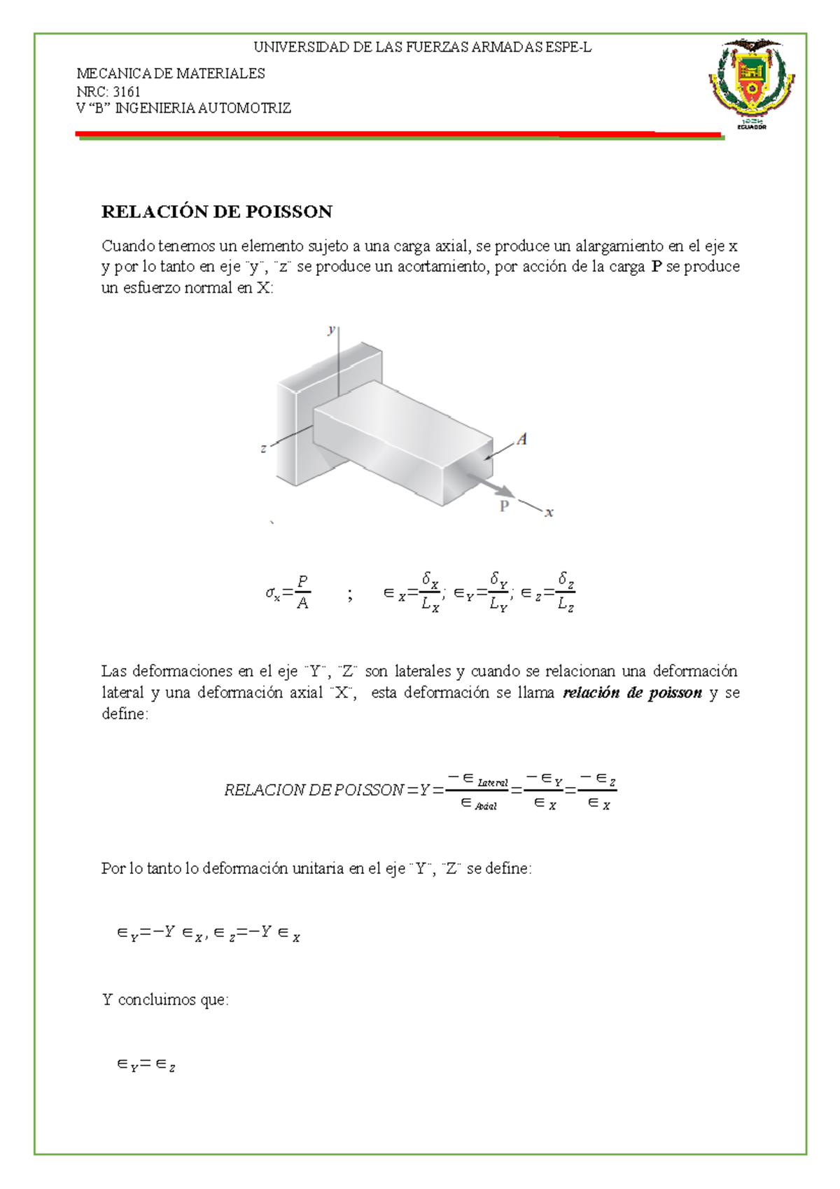 Relación DE Poisson esfuerzos - RELACIÓN DE POISSON Cuando tenemos un ...