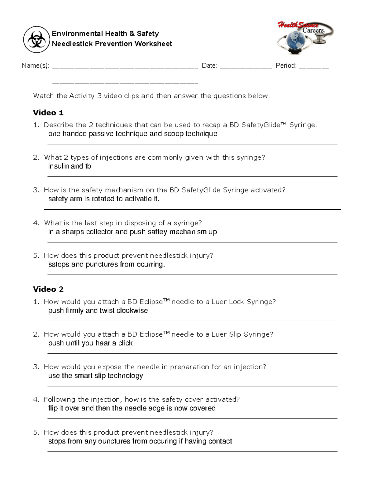 Environmental H&S Worksheet Activity 3 - Name(s