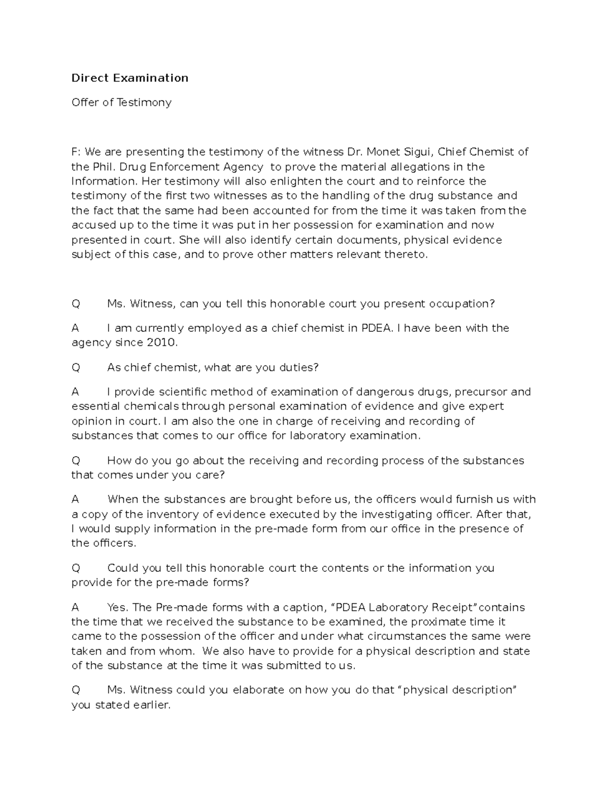 249615770 Chemistand other related law - Direct Examination Offer of ...