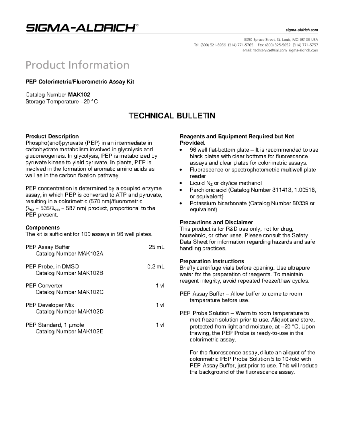 Mak102bul - PEP Colorimetric/Fluorometric Assay Kit Catalog Number MAK ...