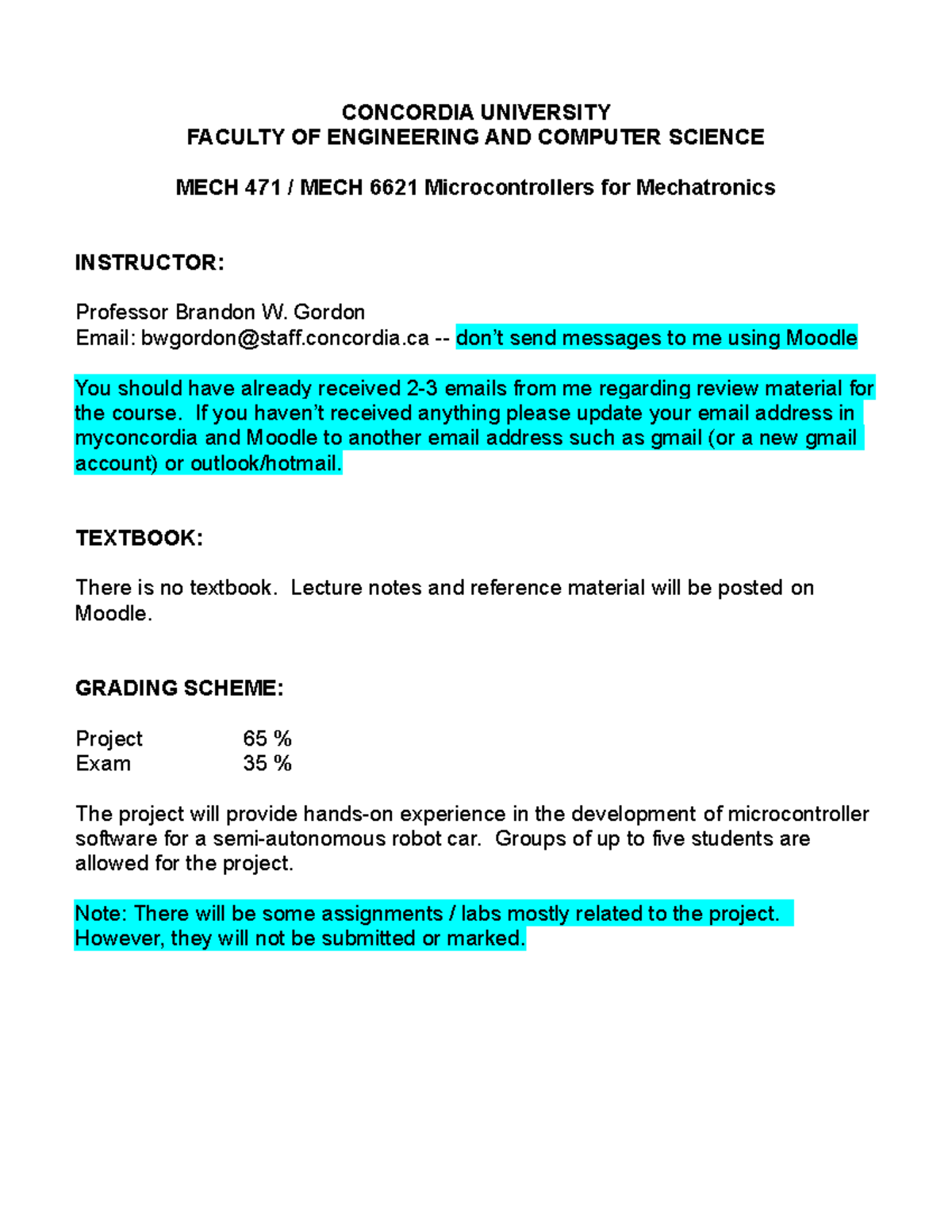 Course Outline - CONCORDIA UNIVERSITY FACULTY OF ENGINEERING AND ...