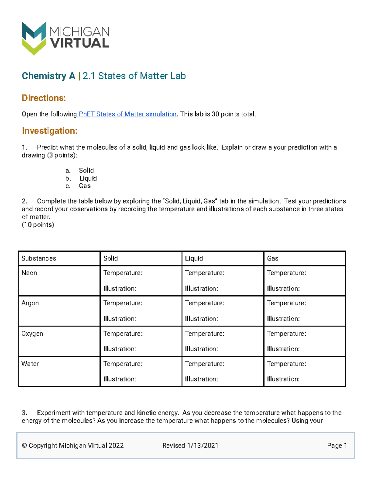 Chemistry A 2.1 States of Matter Lab - Chemistry A | 2 States of Matter ...