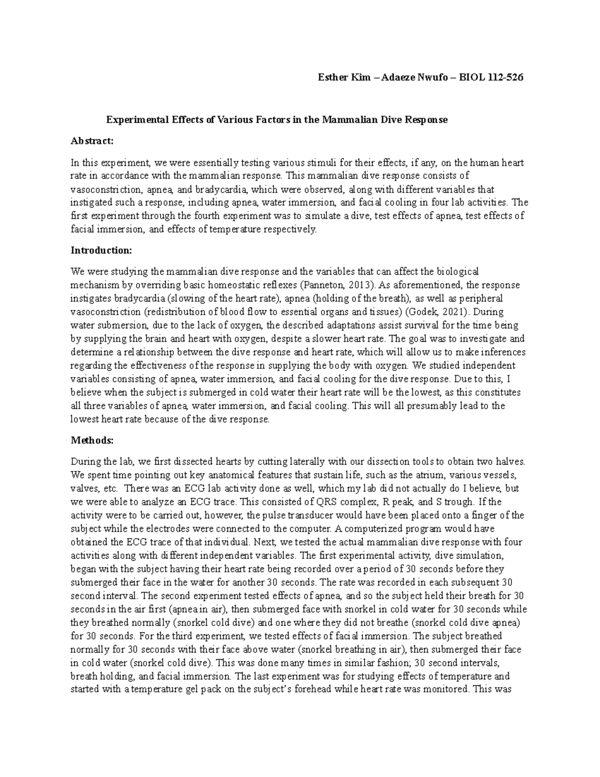 Assignment 8-dive response lab report - Esther Kim – Adaeze Nwufo ...