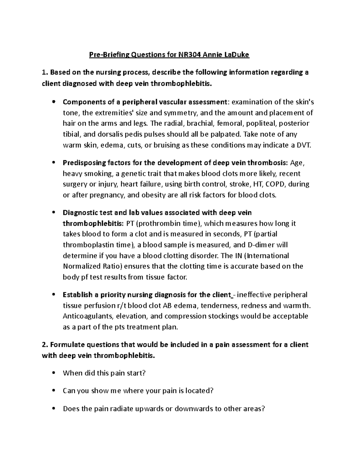 Pre-Briefing Questions for NR304 Annie La Duke - Pre-Briefing Questions ...