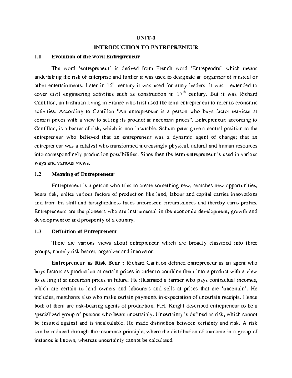 UNIT-1 notes - UNIT- 1 INTRODUCTION TO ENTREPRENEUR 1 Evolution of the ...