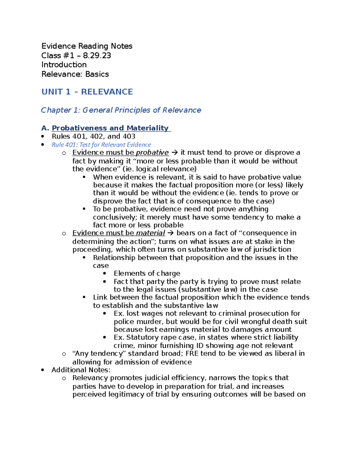 Evidence Reading Notes - Class #1 8 - Evidence Reading Notes Class #1 ...