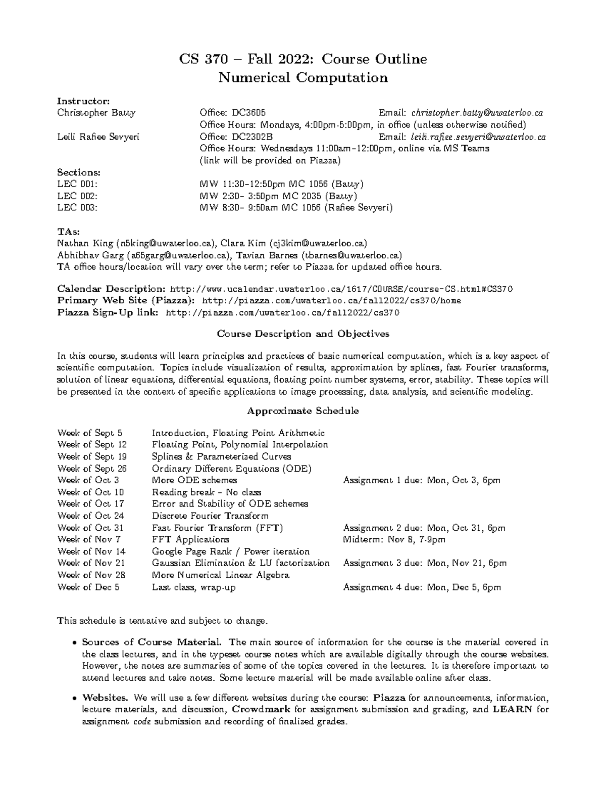 Cs370 Course Outline F22 Cs 370 Fall 2022 Course Outline Numerical Computation Instructor