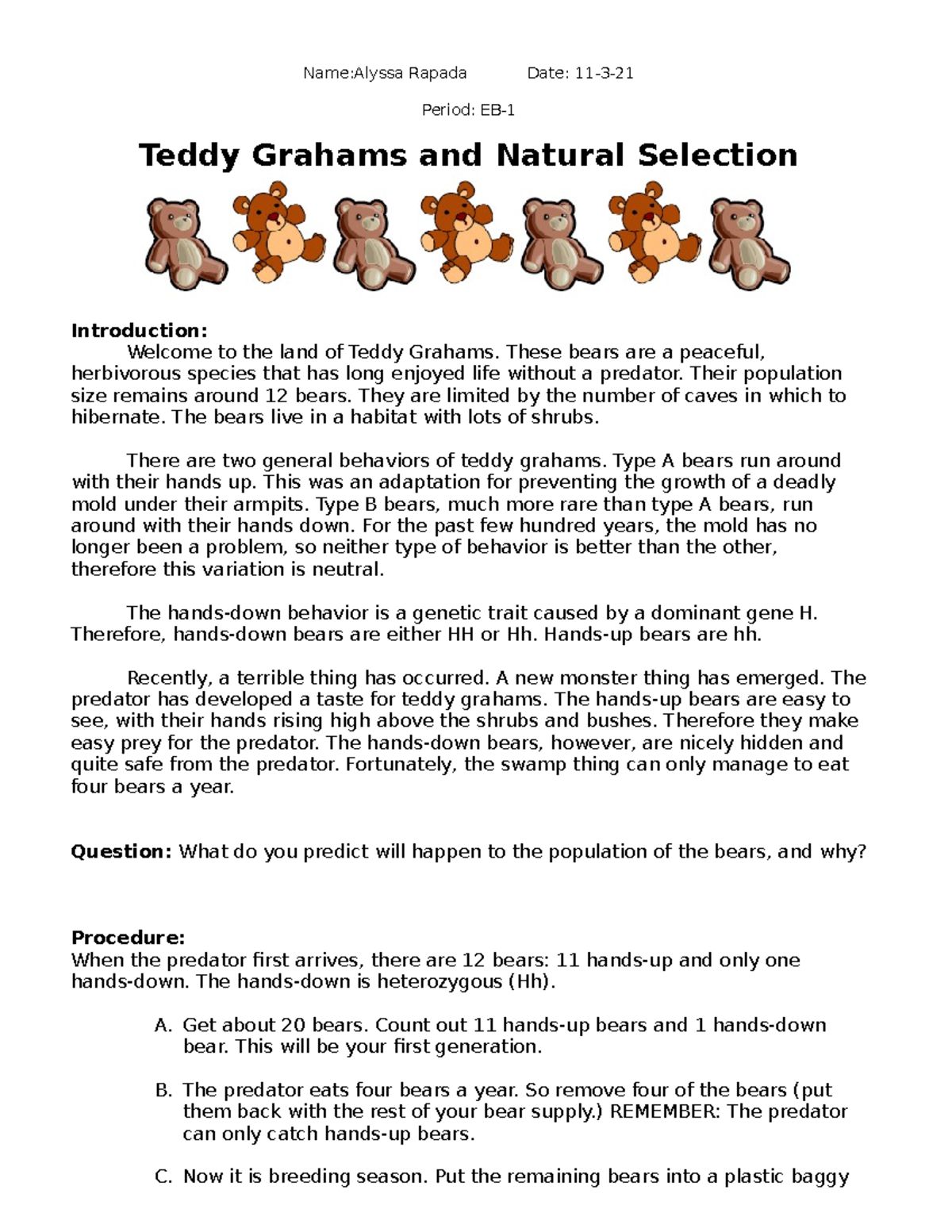 Teddy Grahams and Natural Selection - Name:Alyssa Rapada Date: 11-3 ...